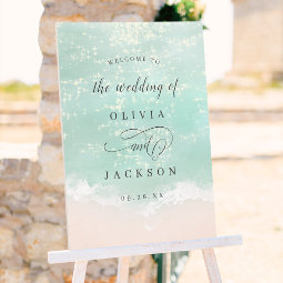 Elegant sparkling ocean beach wedding welcome sign | Zazzle