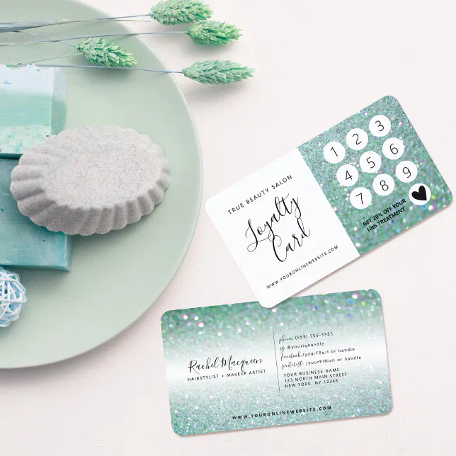 Elegant Sparkly Teal Green Glitter Loyalty Card | Zazzle