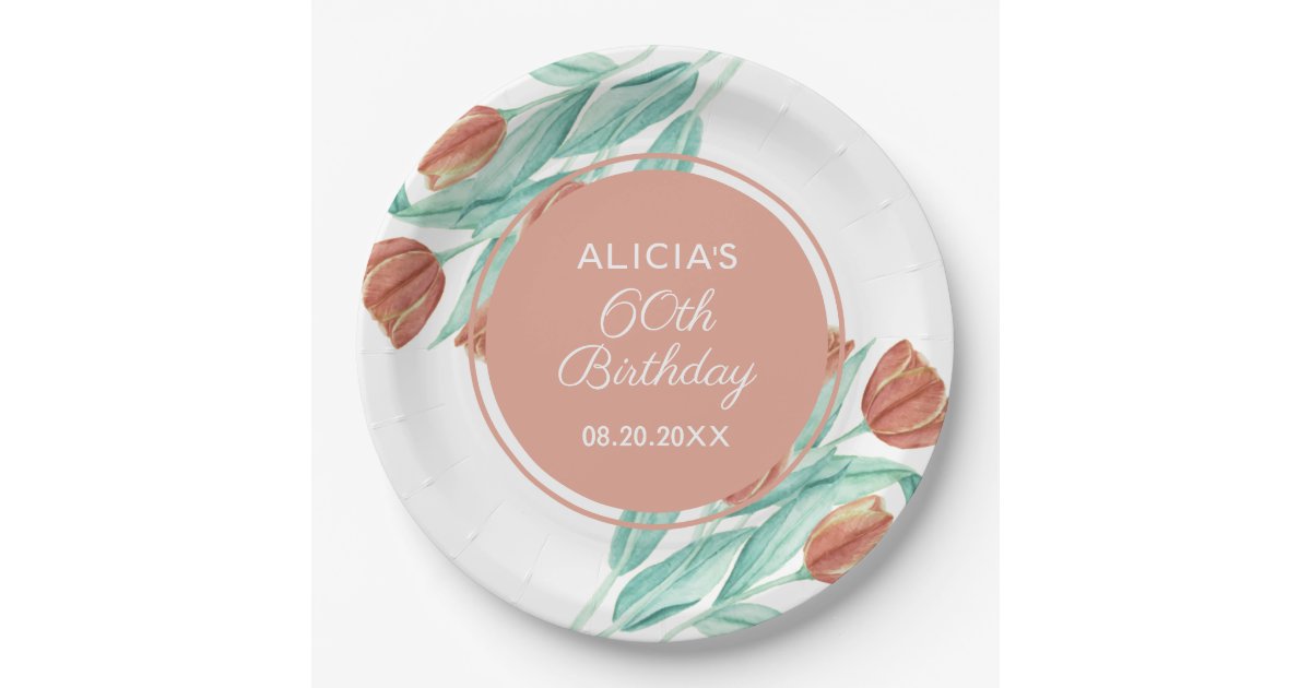 Elegant Spring Brown Tulip 60th Birthday Paper Plates | Zazzle