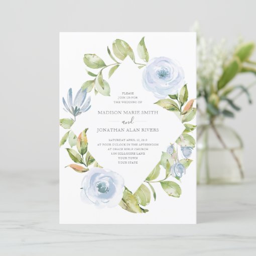 Elegant Spring Floral Diamond Dusty Blue Wedding Invitation | Zazzle