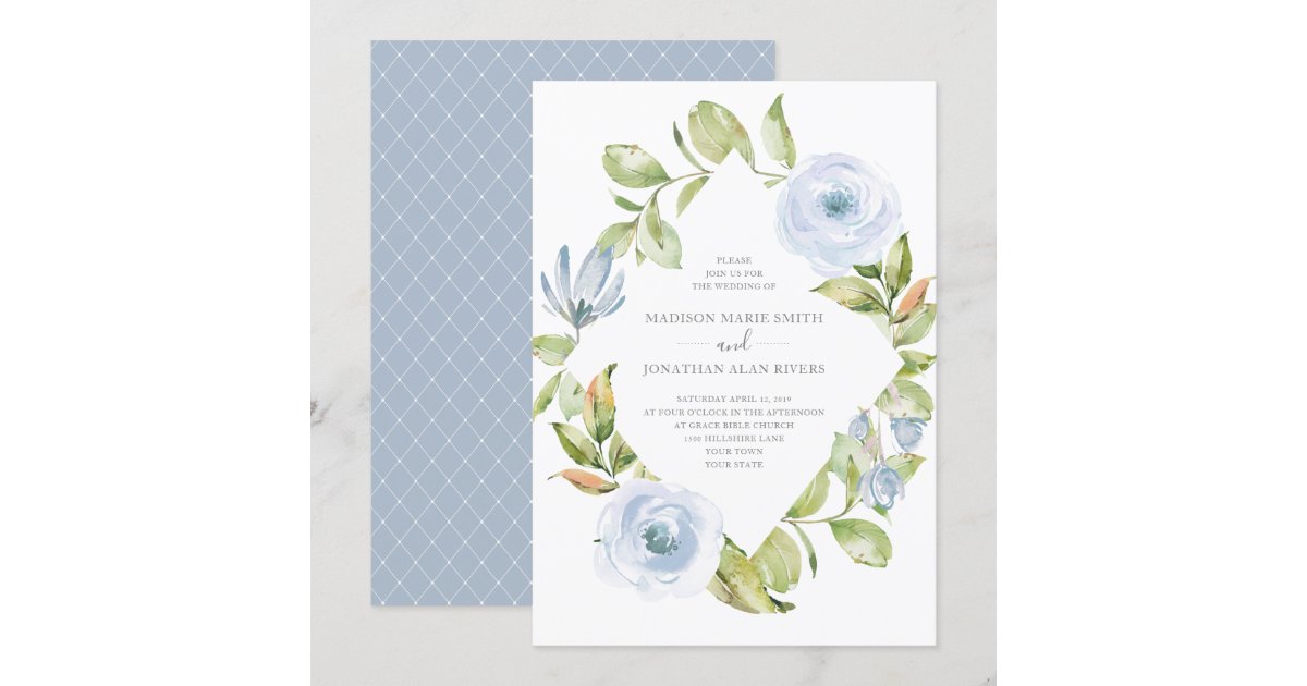 Elegant Spring Floral Diamond Dusty Blue Wedding Invitation | Zazzle