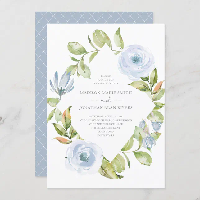 Elegant Spring Floral Diamond Dusty Blue Wedding Invitation | Zazzle