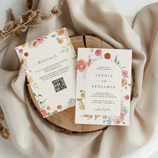 Elegant Spring Flowers QR Code Wedding Arch Invitation | Zazzle
