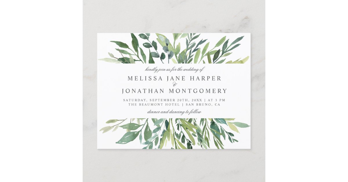 Elegant Spring Greenery Wedding Invitation Postcard | Zazzle