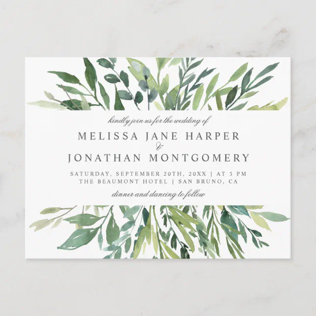 Elegant Spring Greenery Wedding Invitation Postcard | Zazzle