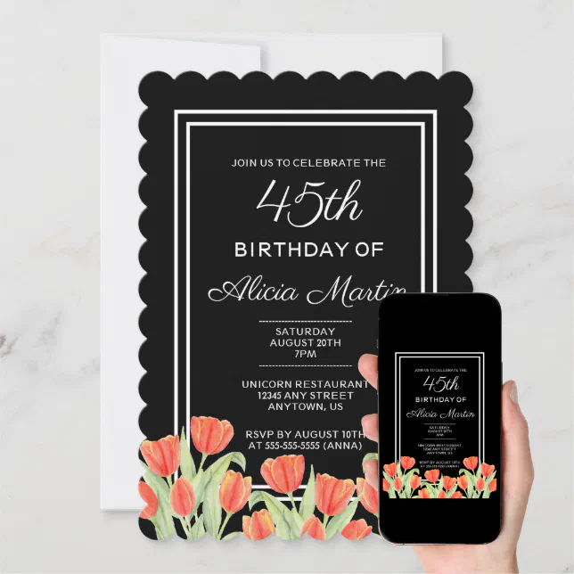 Elegant Spring Red Tulip Flora Black 45th Birthday Invitation | Zazzle