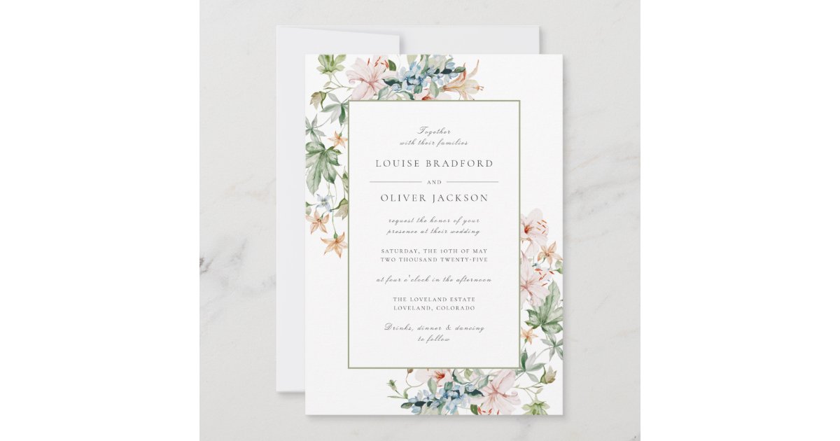 Elegant Spring Watercolor Floral Border Wedding Invitation | Zazzle