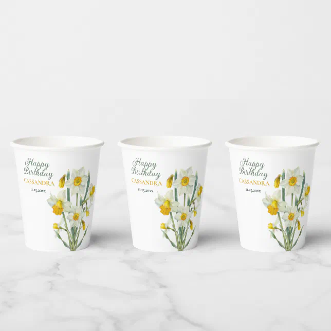 Elegant Spring Yellow Daffodil Floral Birthday Paper Cups | Zazzle