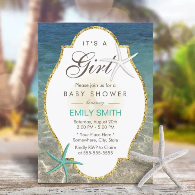 Elegant Starfish Tropical Beach Girl Baby Shower Invitation | Zazzle