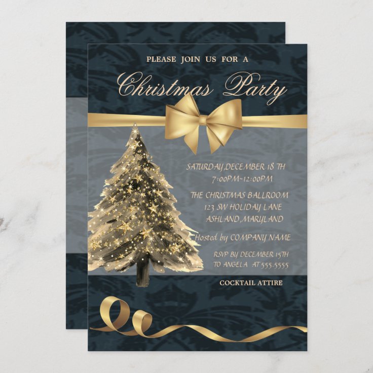 Elegant Stars Christmas Tree ,Bow, Christmas Party Invitation | Zazzle