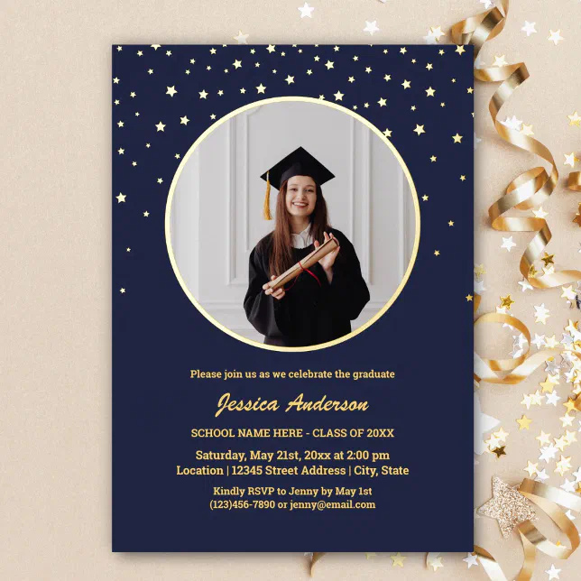 Elegant Stars Graduate Photo Graduation Foil Invitation | Zazzle