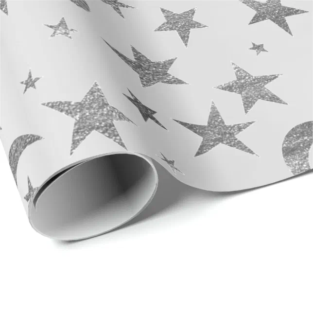 Elegant Stars Moon Silver Gray Metallic Sky Wrapping Paper | Zazzle