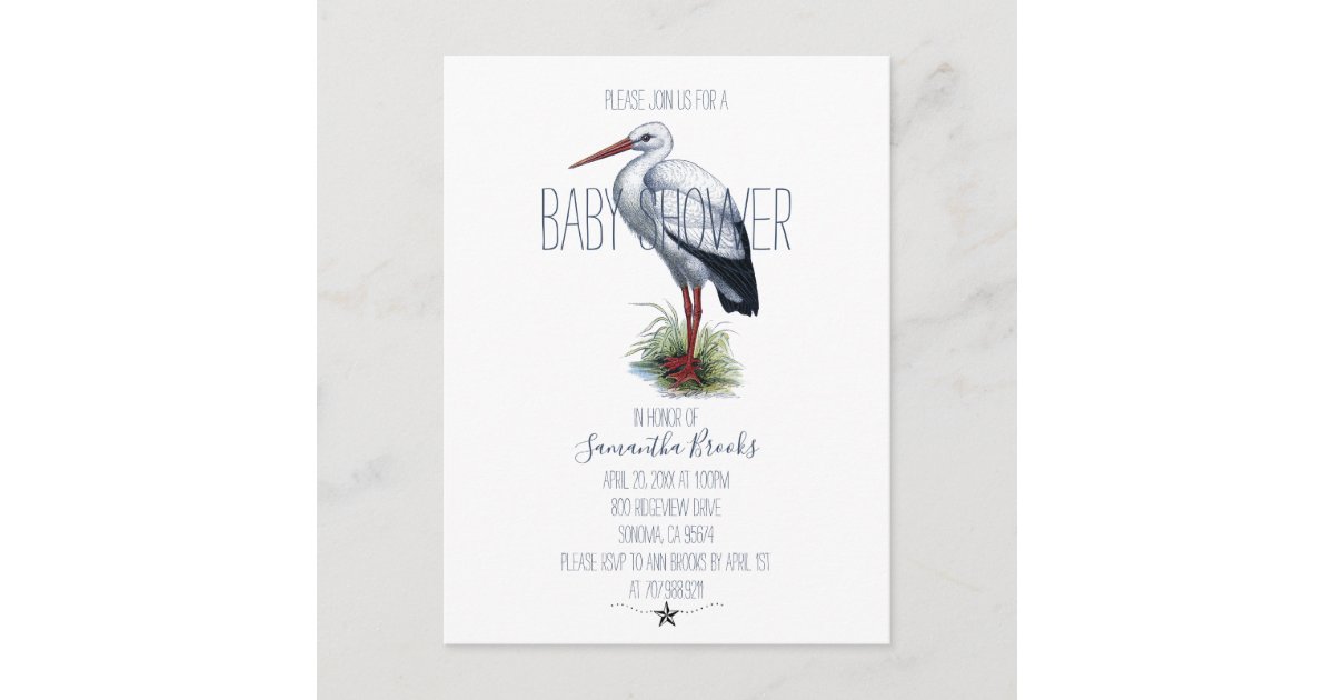 Elegant Stork Baby Shower Invitation Postcard | Zazzle