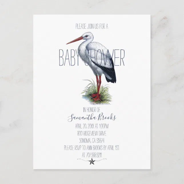 Elegant Stork Baby Shower Invitation Postcard | Zazzle