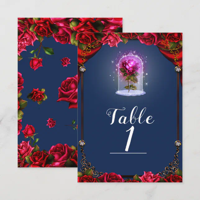 Elegant Storybook Red Roses Blue Table Number | Zazzle