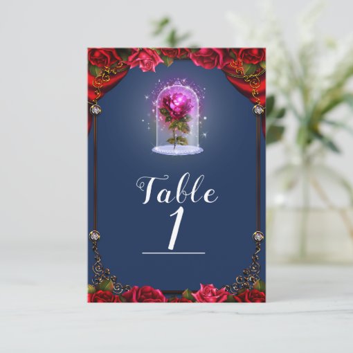Elegant Storybook Red Roses Blue Table Number | Zazzle