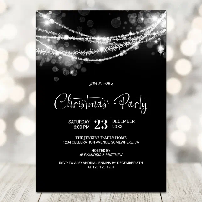 Elegant String Lights Black Christmas Party Invitation | Zazzle