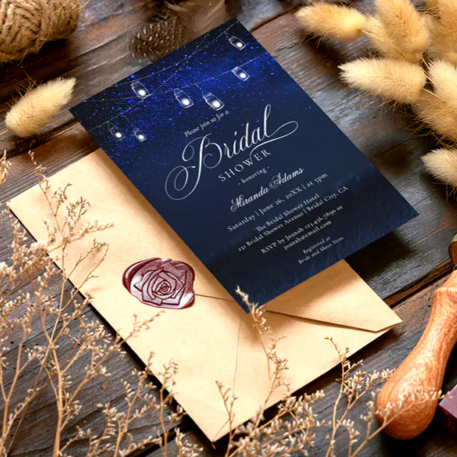 Elegant String Lights Blue Night Bridal Shower Invitation | Zazzle