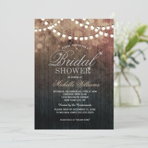 Elegant string lights brown bokeh bridal shower invitation | Zazzle
