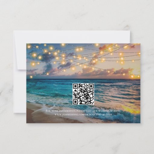 Elegant String Lights QR Code Sunset Beach Wedding Save The Date | Zazzle