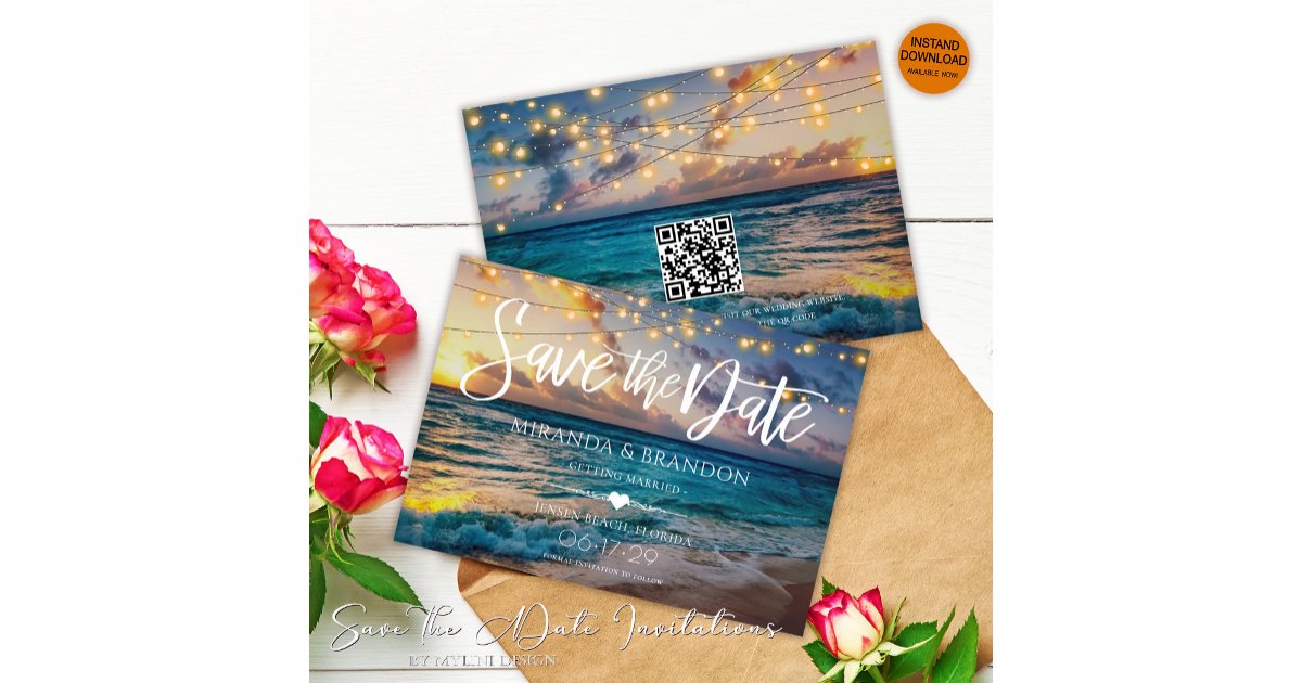Elegant String Lights QR Code Sunset Beach Wedding Save The Date | Zazzle