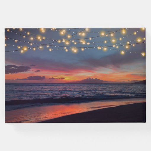 Elegant String Lights Summer Sunset Beach Wedding Guest Book | Zazzle