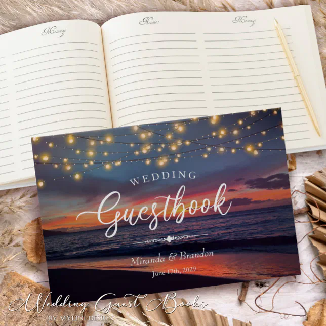 Elegant String Lights Summer Sunset Beach Wedding Guest Book | Zazzle