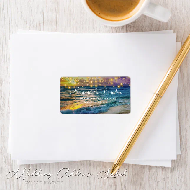 Elegant String Lights Summer Sunset Beach Wedding Label | Zazzle