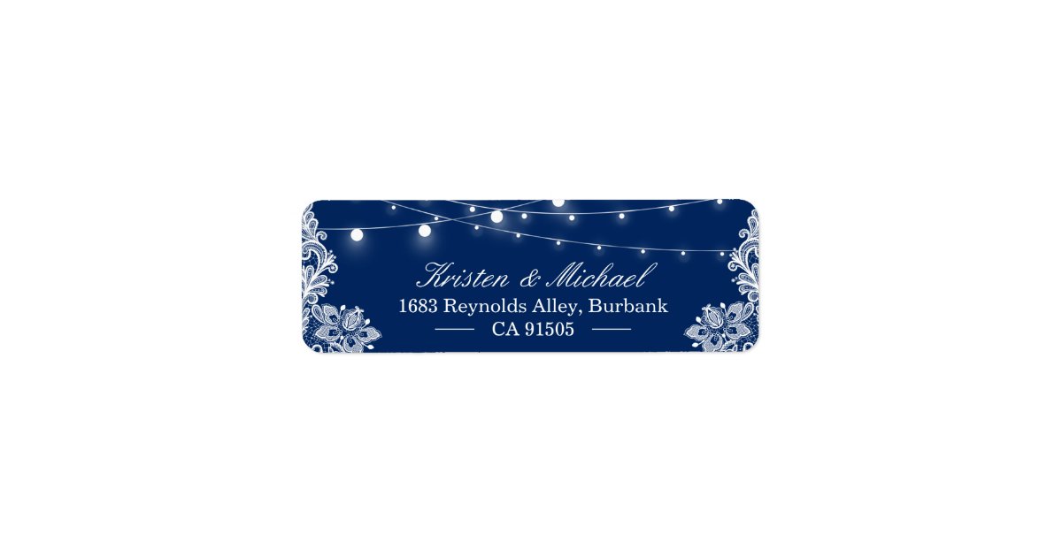 Elegant String Lights White Lace Navy Blue Label | Zazzle
