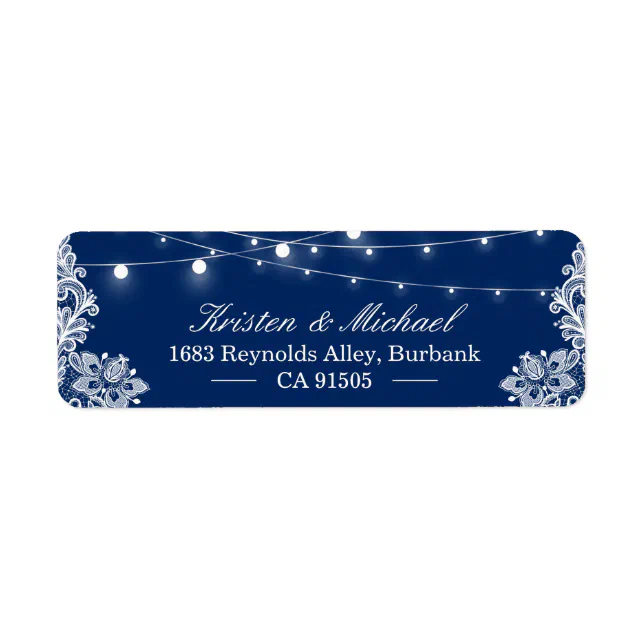 Elegant String Lights White Lace Navy Blue Label | Zazzle
