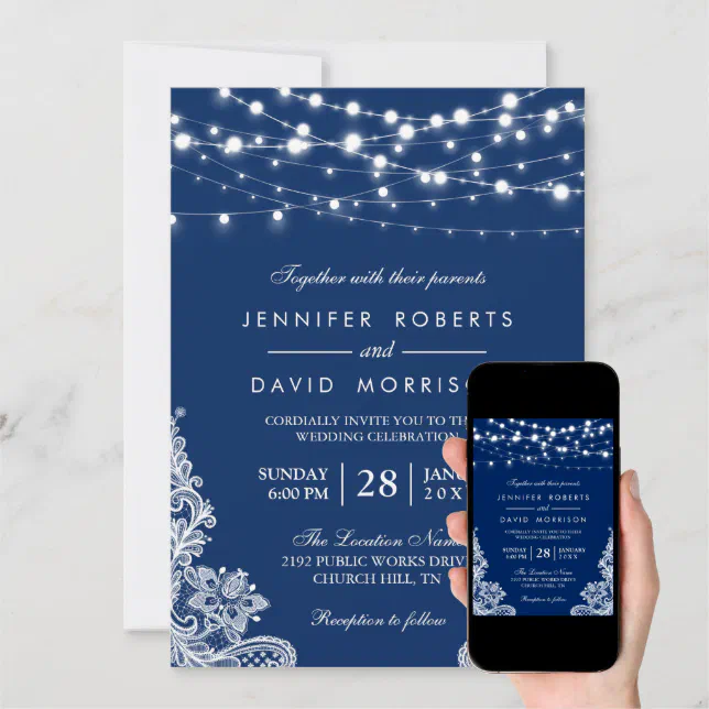 Elegant String Lights White Lace Navy Blue Wedding Invitation | Zazzle