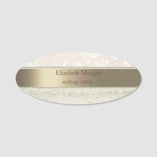 Elegant Stripe, Glitter Bokeh, Pearls Name Tag | Zazzle