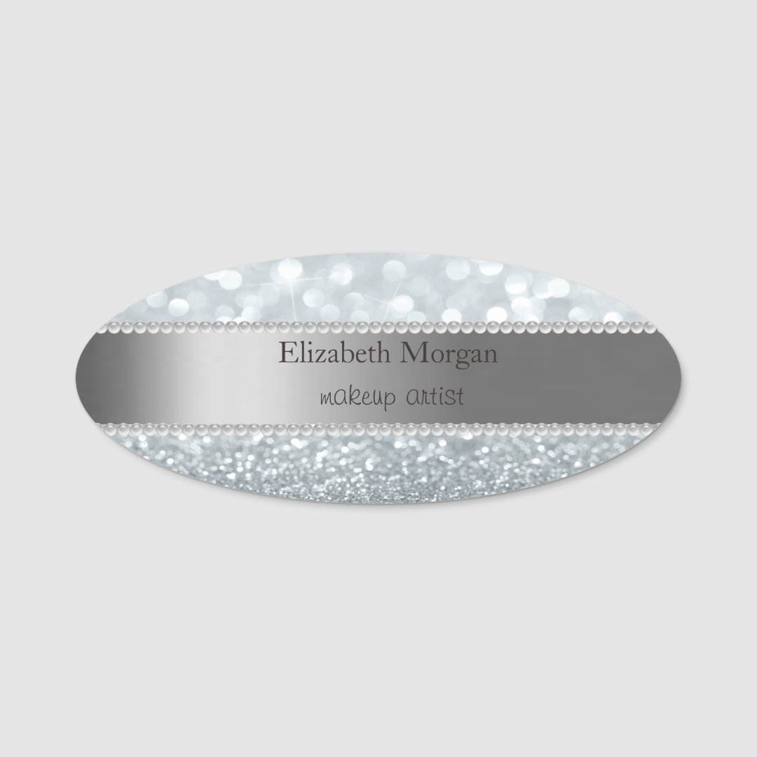 Elegant Stripe, Pearls,Silver Glitter Bokeh Name Tag | Zazzle