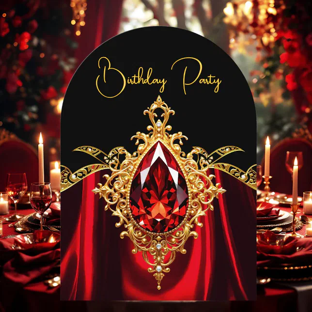 Elegant Stylish Birthday Regal Red Gold Jewel Invitation | Zazzle