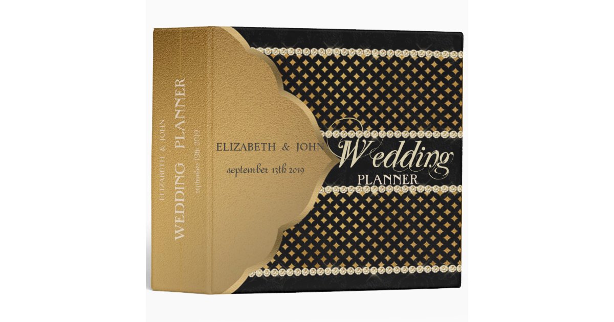 Elegant Stylish Black Gold Diamonds Wedding 3 Ring Binder | Zazzle