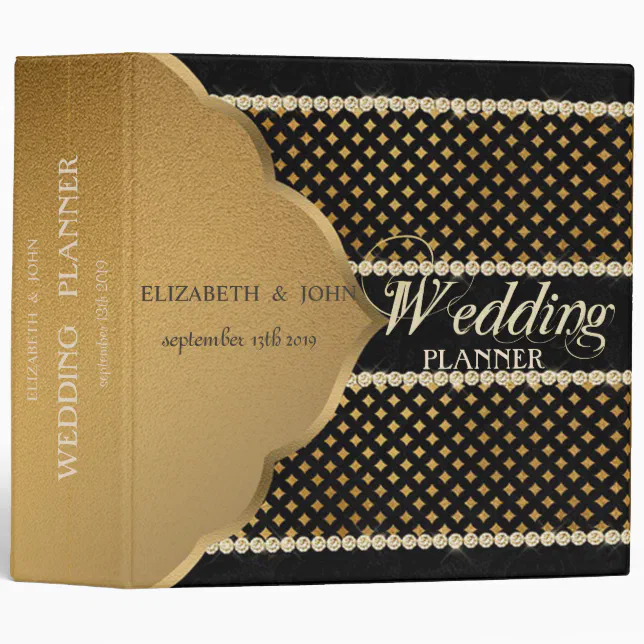 Elegant Stylish Black Gold Diamonds Wedding 3 Ring Binder | Zazzle