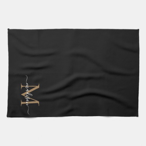 Elegant Stylish Black Gold Monogram Script Name Kitchen Towel Zazzle