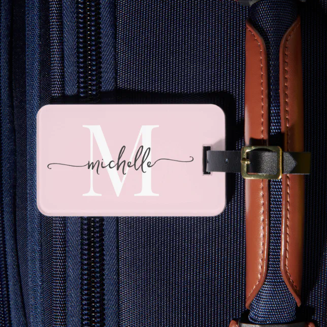 Elegant Stylish Blush Pink Monogram Initial Script Luggage Tag | Zazzle