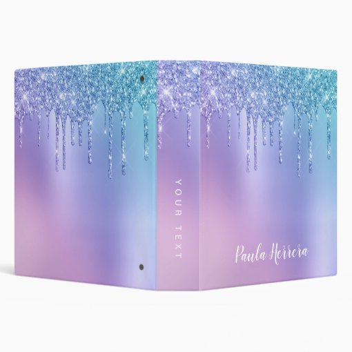 Elegant stylish chick blue & purple glitter drips 3 ring binder | Zazzle