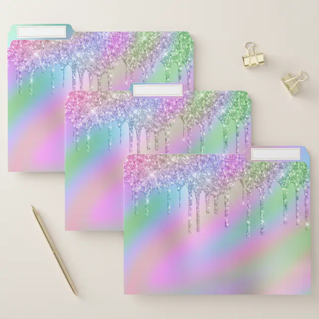 Elegant stylish colorful holographic glitter drips file folder | Zazzle