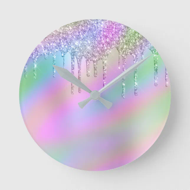 Elegant stylish colorful holographic glitter drips round clock | Zazzle
