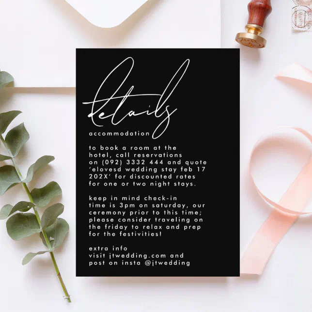 Elegant Stylish Custom Names Black White Wedding Enclosure Card | Zazzle