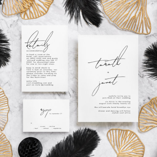 Elegant Stylish Custom Names White Black Wedding Enclosure Card | Zazzle