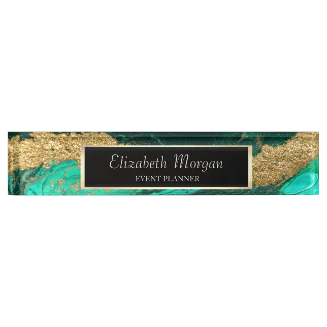 Elegant Stylish Geometric Green Gold Marble, Frame Desk Name Plate | Zazzle