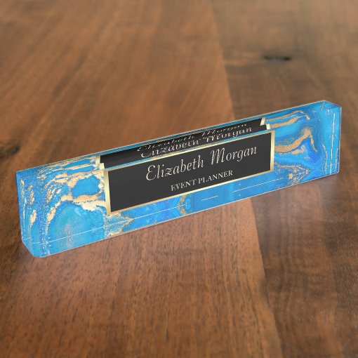 Elegant Stylish Gold Frame, Blue Marble Desk Name Plate | Zazzle