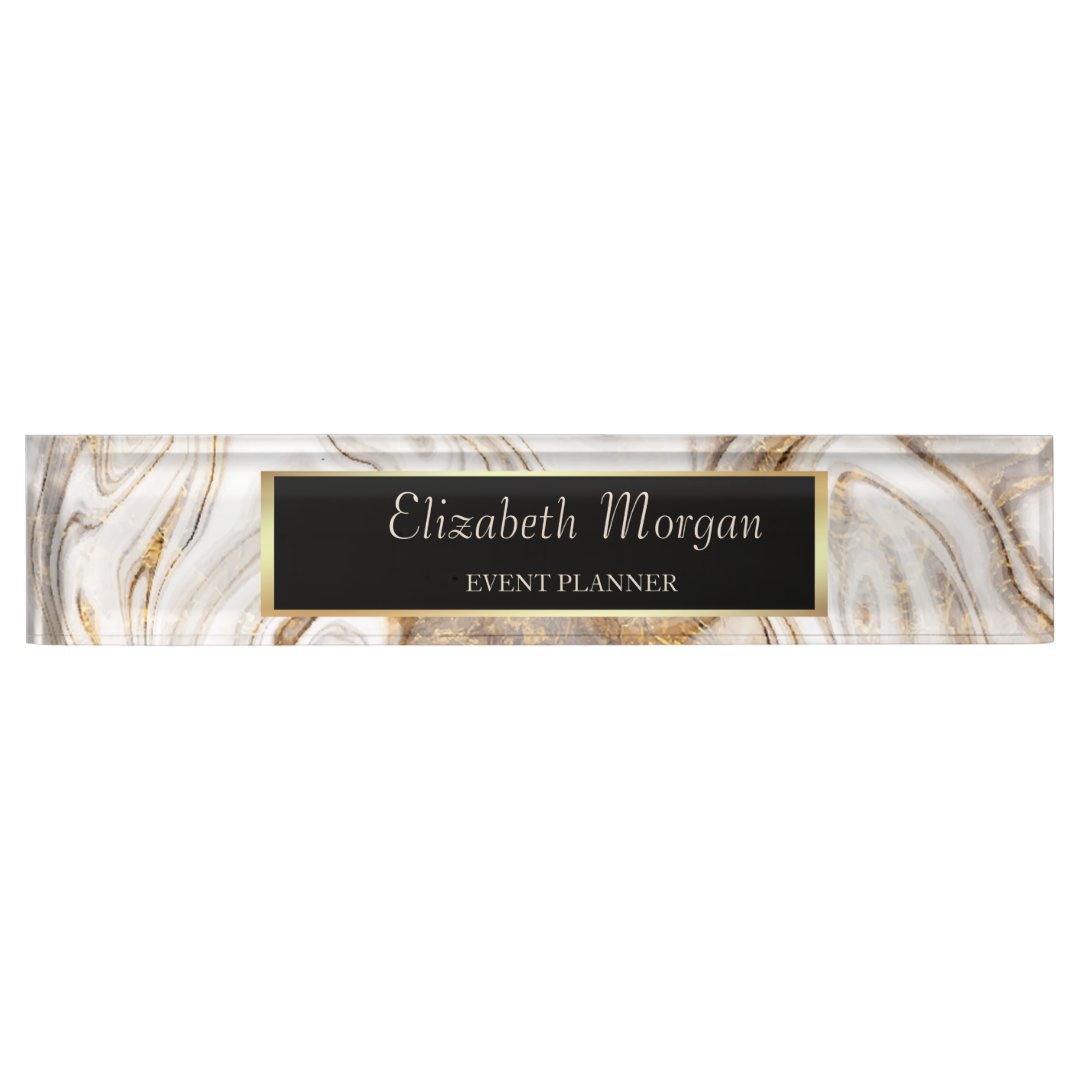 Elegant Stylish Gold Frame,White Brown Marble Desk Name Plate | Zazzle