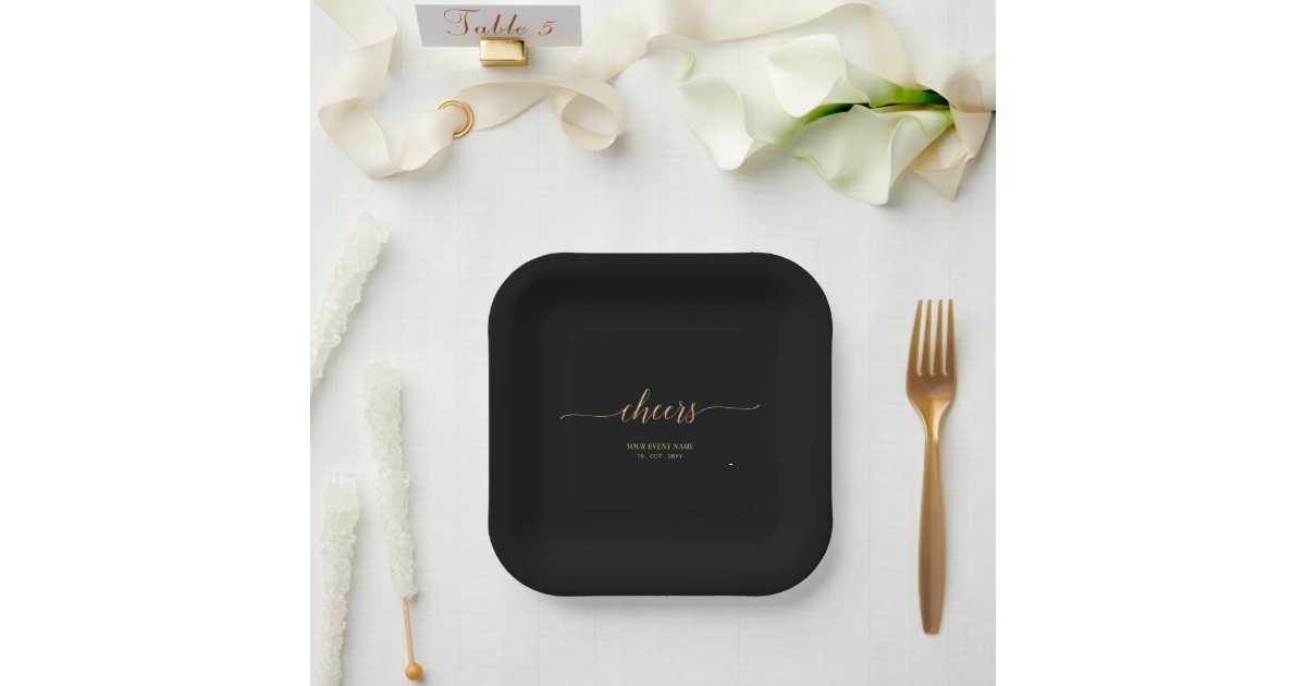 Elegant Stylish Gold Lettering Cheers Event Party Paper Plates | Zazzle