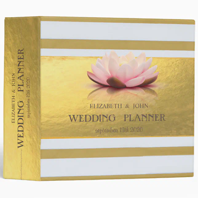 Elegant Stylish Gold Stripes Lotus Wedding 3 Ring Binder | Zazzle