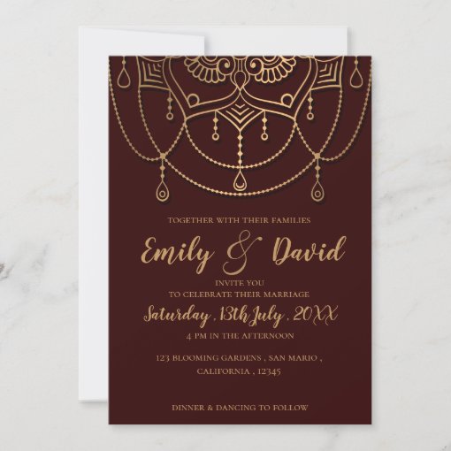 Elegant Stylish Maroon Gold Design Wedding Invitation | Zazzle