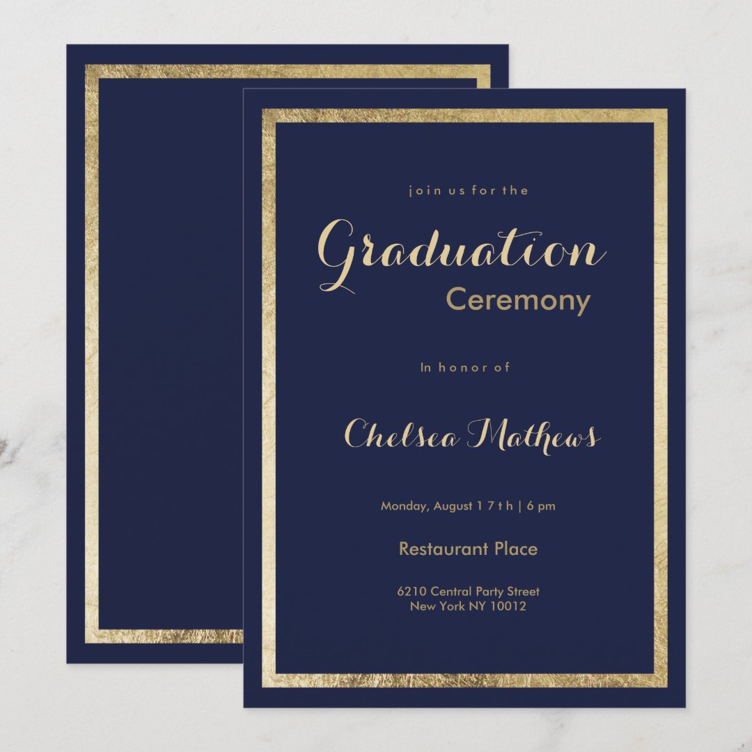 Elegant stylish navy blue faux gold Graduation Invitation | Zazzle